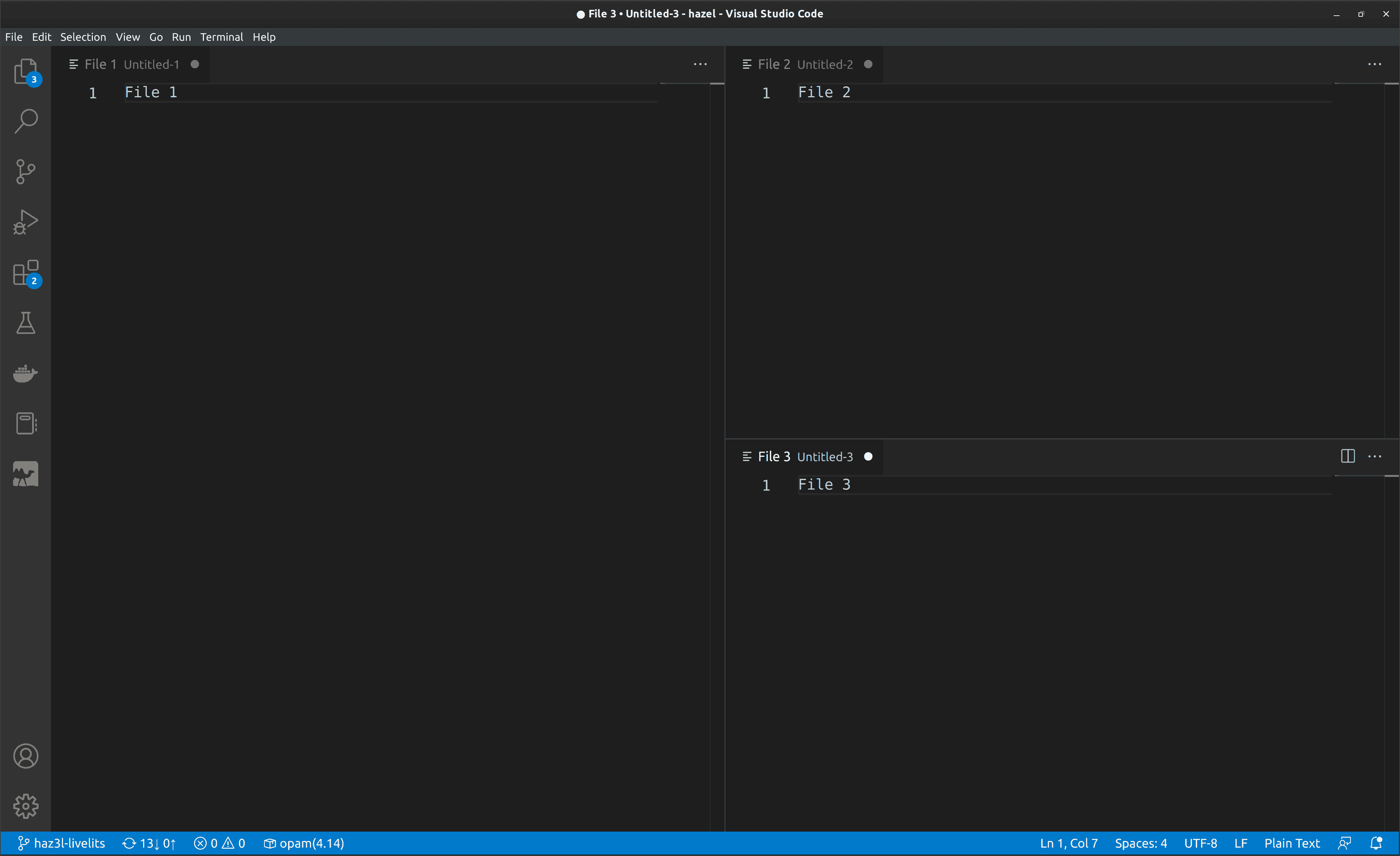 Text editor VSCode with in-editor splits and tabs.